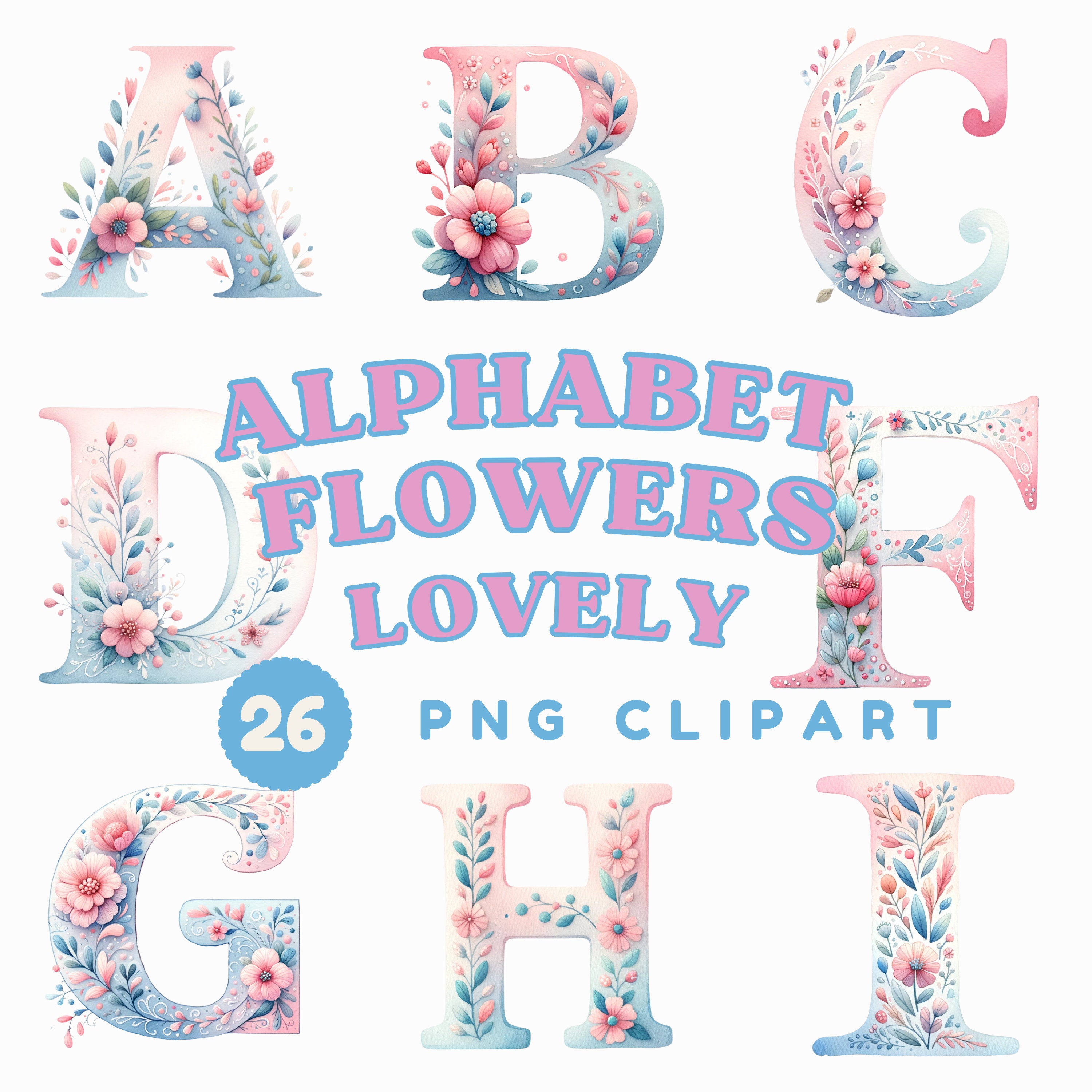 Watercolor Floral Alphabet Letters Clipart PNG Set Pink Alphabet ...