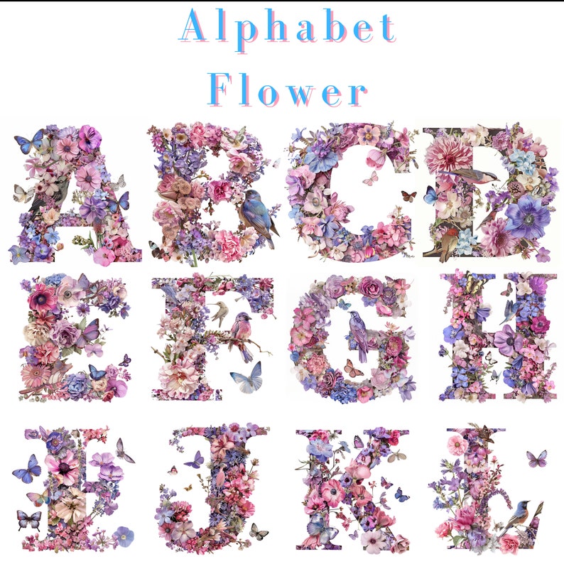 Watercolor Alphabet Floral Letters Clipart PNG Set Pink Alphabet ...
