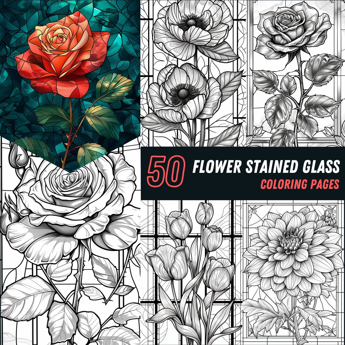Coloring Pages 50 Flower Stained Glass Adult and Kids Coloring Book ...