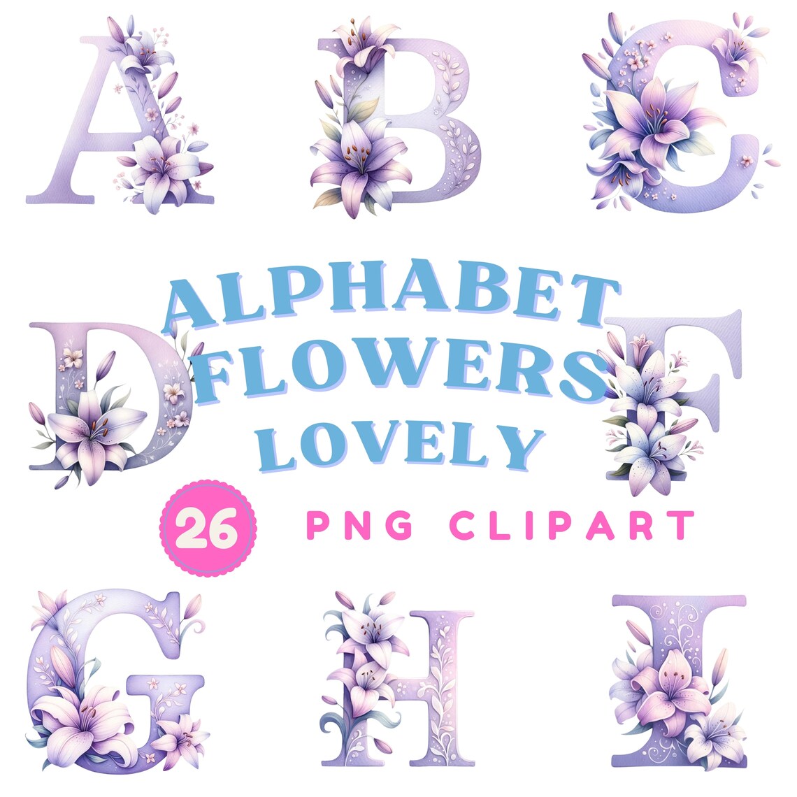 Watercolor Floral Alphabet Letters Clipart PNG Set Pink Alphabet ...
