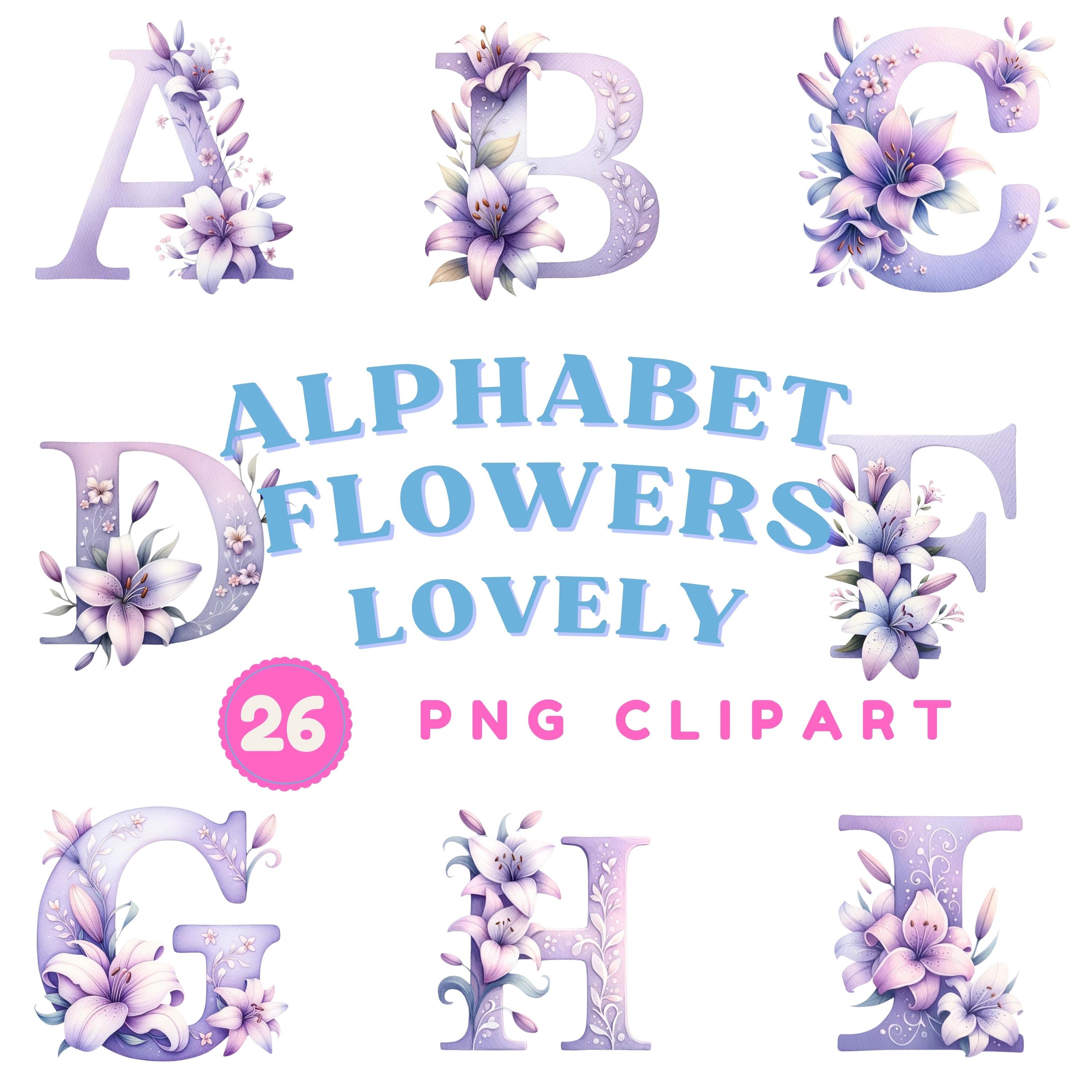 Watercolor Floral Alphabet Letters Clipart PNG Set Pink Alphabet ...