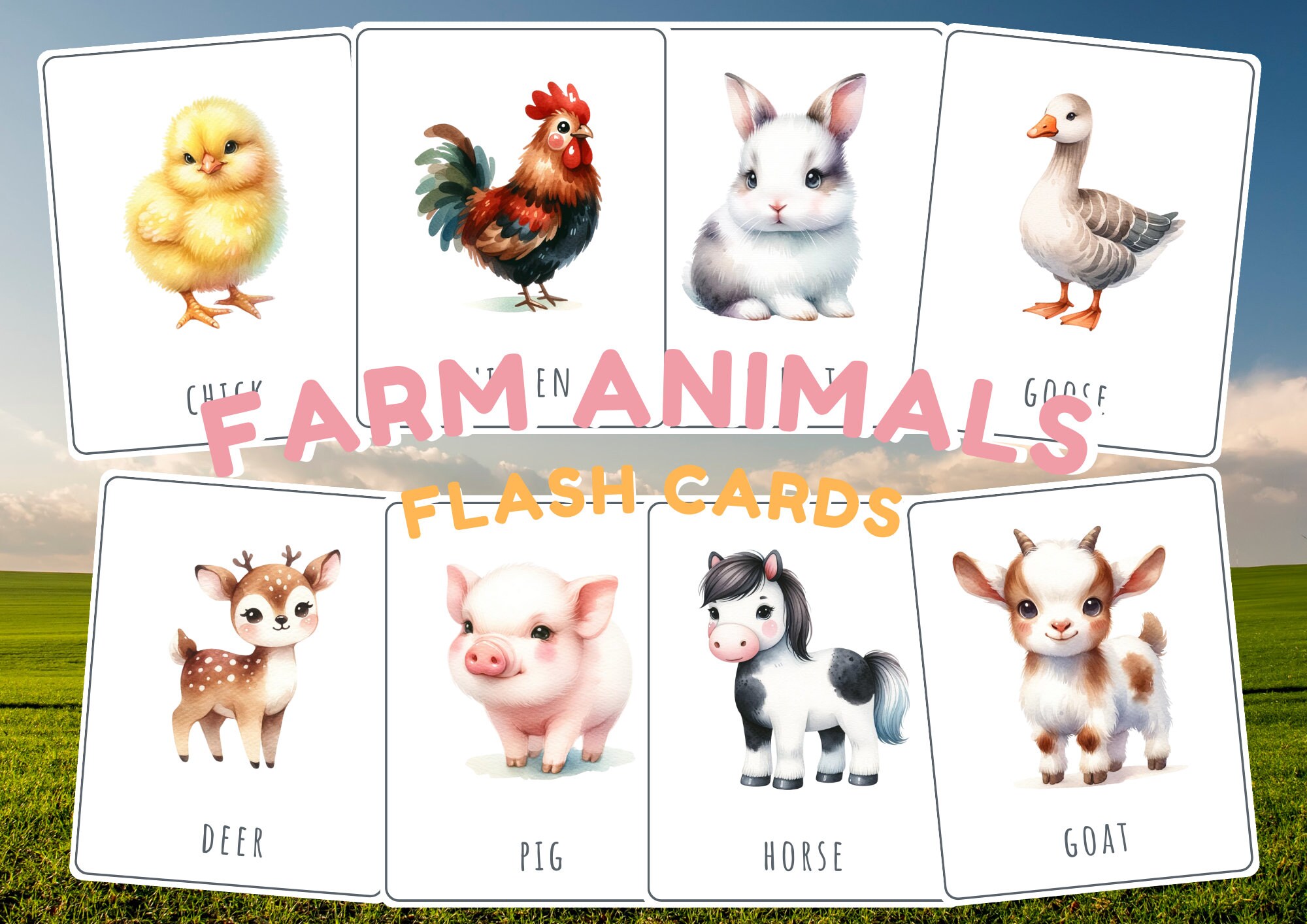 Flash Card Farm Animals,24 Flashcard for Kid, Animal Flash Card ...