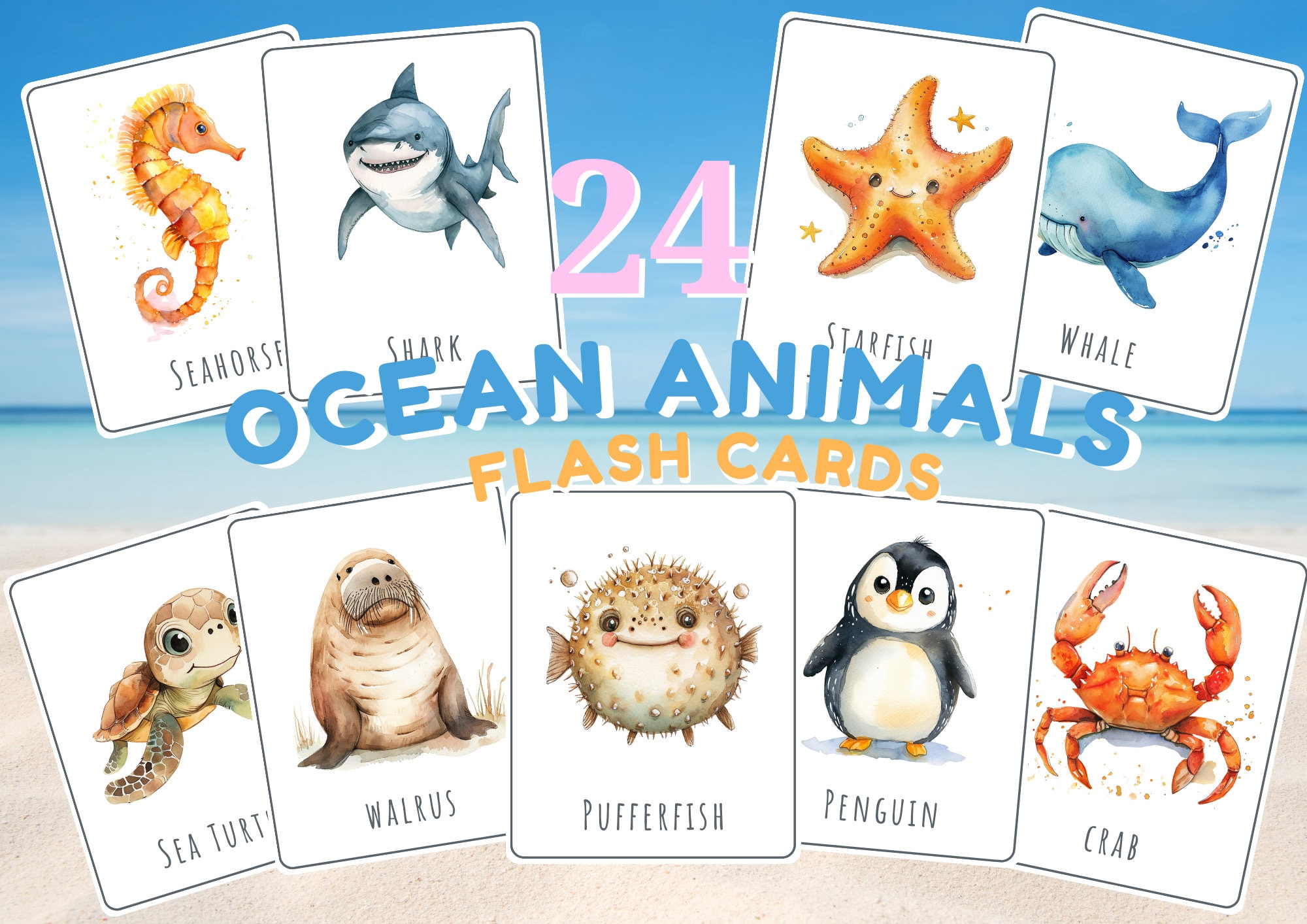 Flash Card Ocean Animals,24 Flashcard for Kid, Animal Flash Card ...