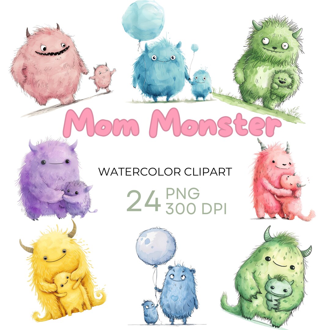Cute Monster Funny Monster | Mom Momster Clipart | 24 PNG 300 DPI ...