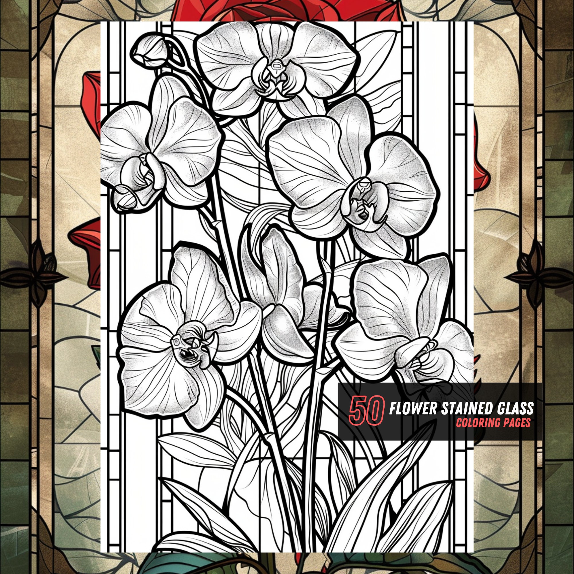 Coloring Pages 50 Flower Stained Glass Adult and Kids Coloring Book ...