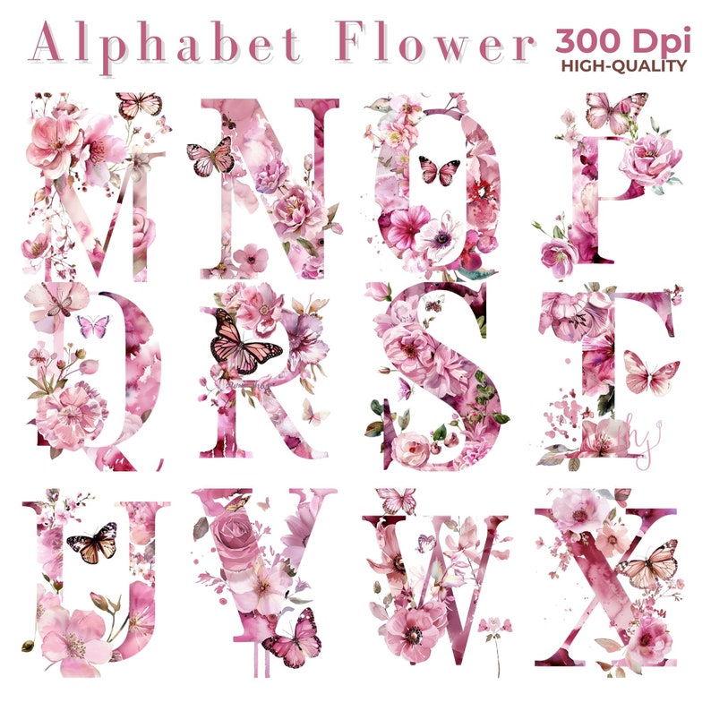 Watercolor Alphabet Floral Letters Clipart PNG Set Pink Alphabet ...