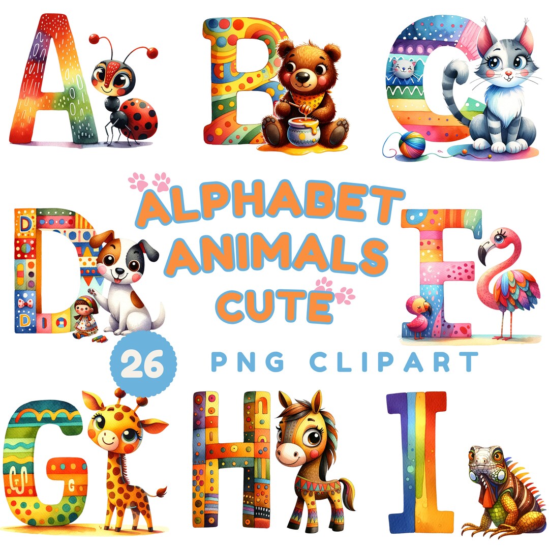 Watercolor Animal Alphabet Clipart, Boho Animal Alphabet PNG, Baby ...