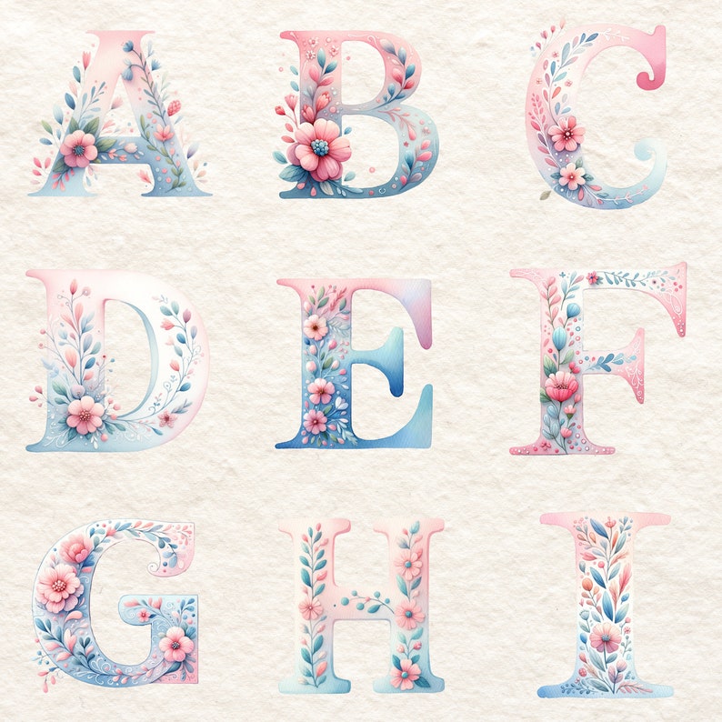Watercolor Floral Alphabet Letters Clipart PNG Set Pink Alphabet ...