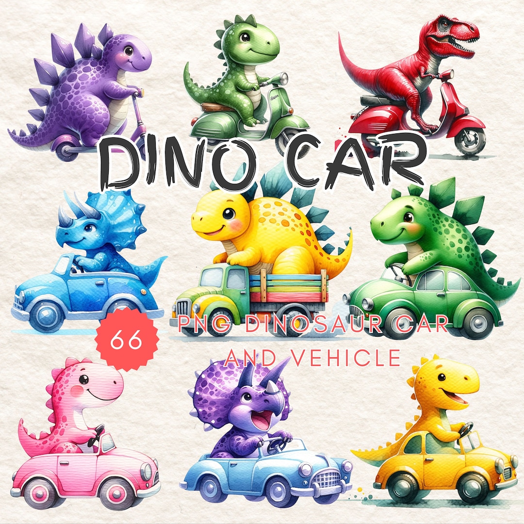 Dino Car Dinosaur Racing Watercolor Pastel Cute, Baby Dinosaur Cute ...
