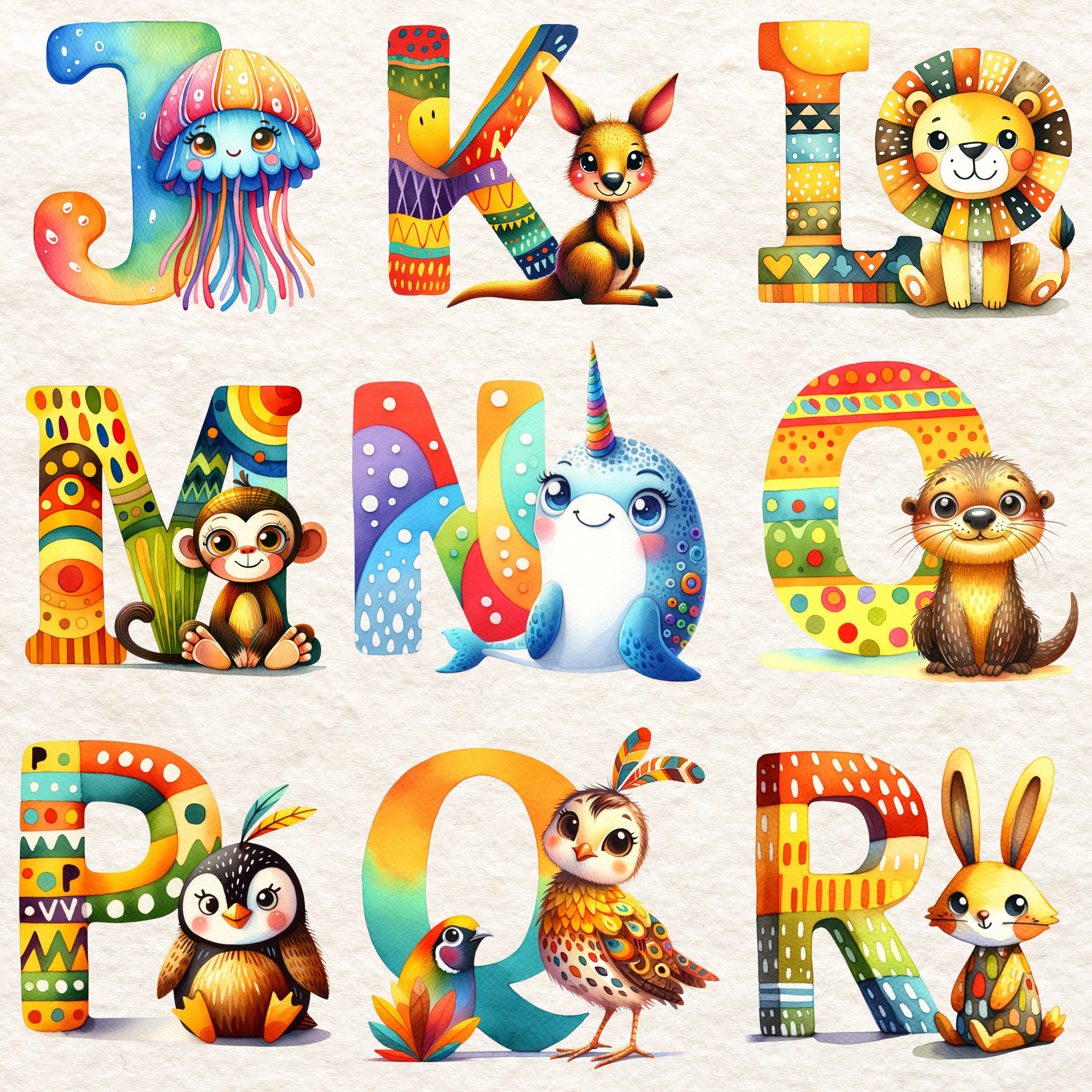 Watercolor Animal Alphabet Clipart, Boho Animal Alphabet PNG, Baby ...