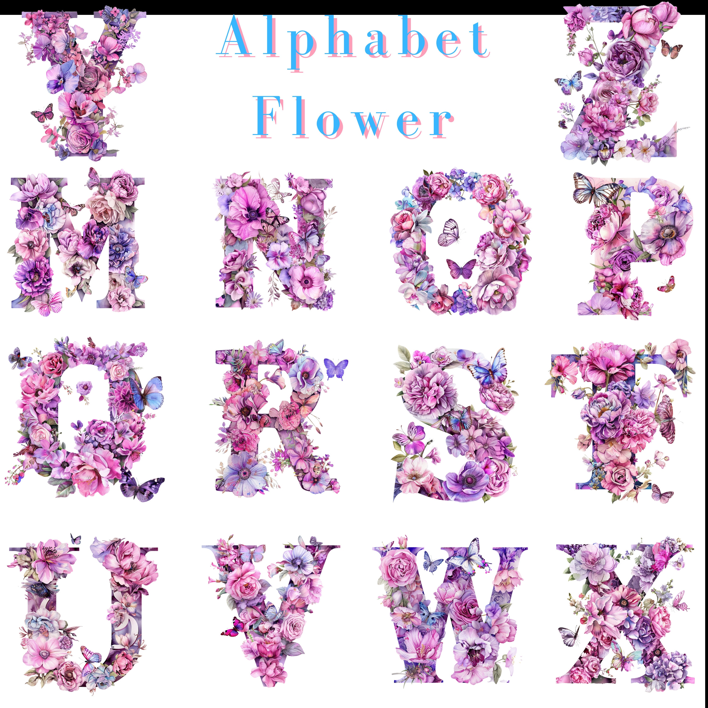 Watercolor Alphabet Floral Letters Clipart PNG Set Pink Alphabet ...