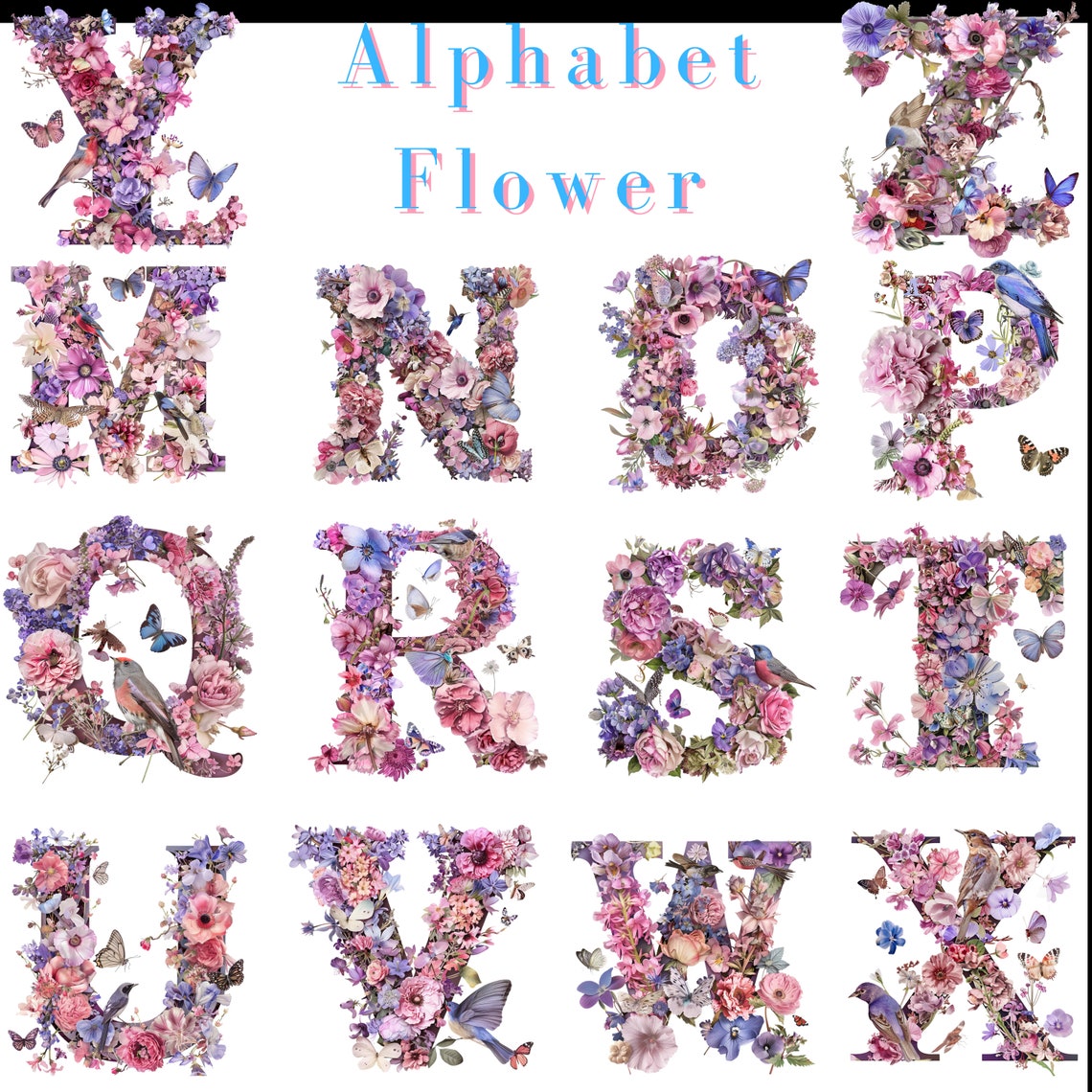 Watercolor Alphabet Floral Letters Clipart PNG Set Pink Alphabet ...