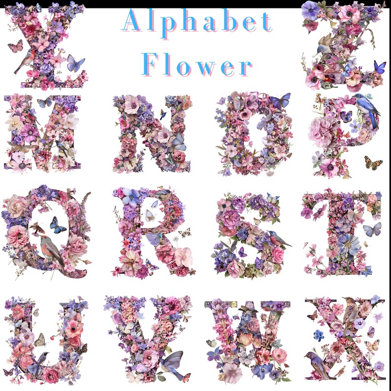 Watercolor Alphabet Floral Letters Clipart PNG Set Pink Alphabet ...