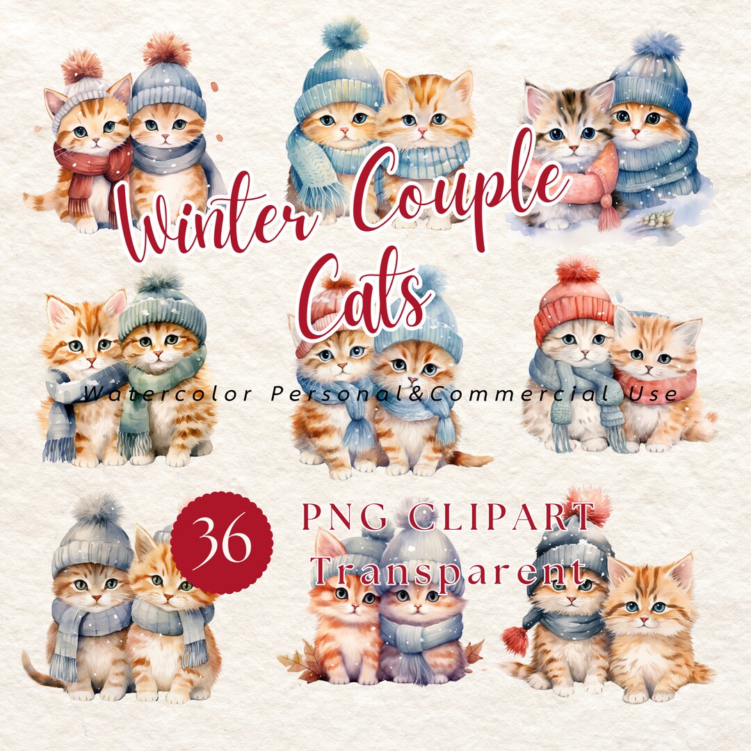Watercolor Winter Cats, Winter Cat, Couple Cats, Cat Lover, Nursery ...