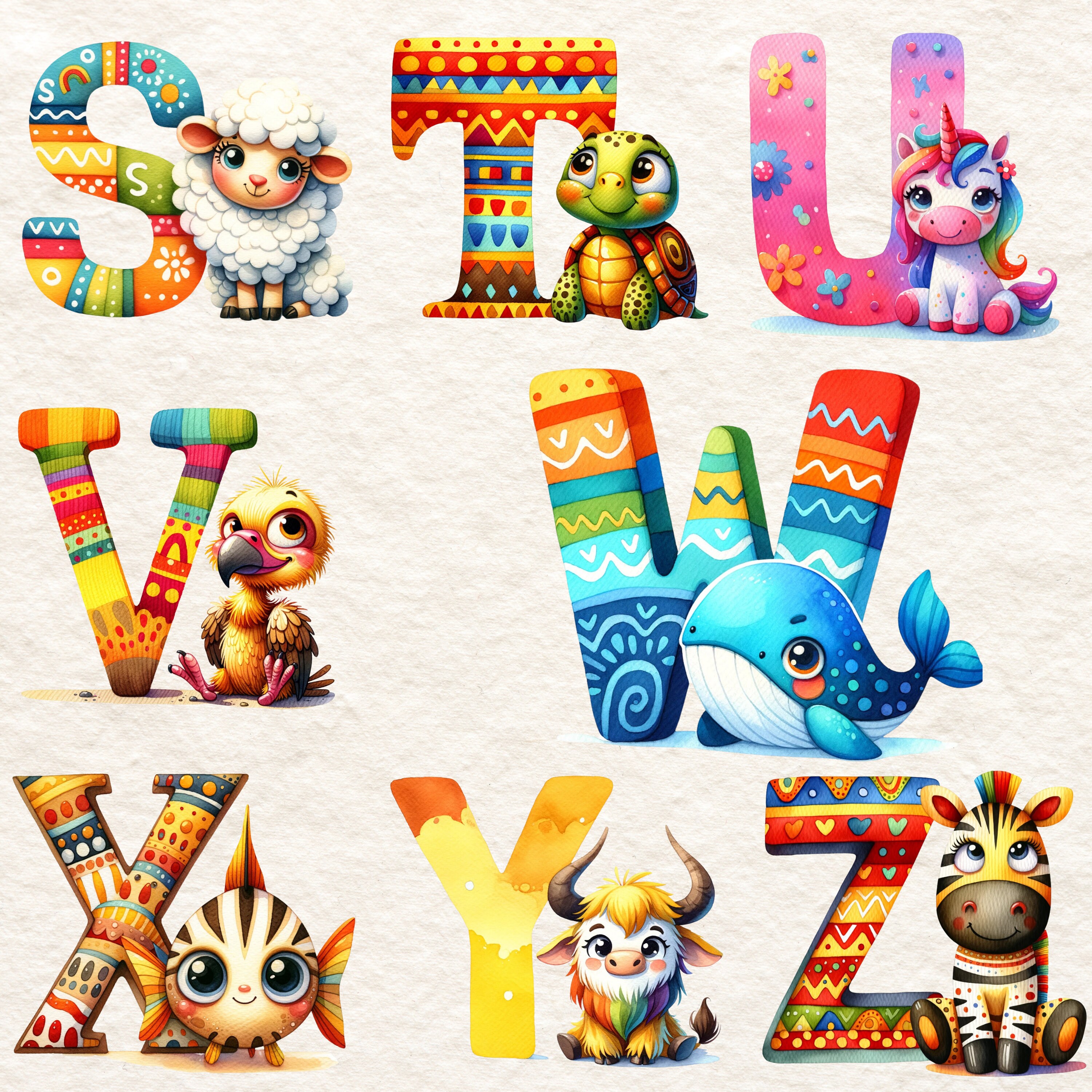 Watercolor Animal Alphabet Clipart, Boho Animal Alphabet PNG, Baby ...