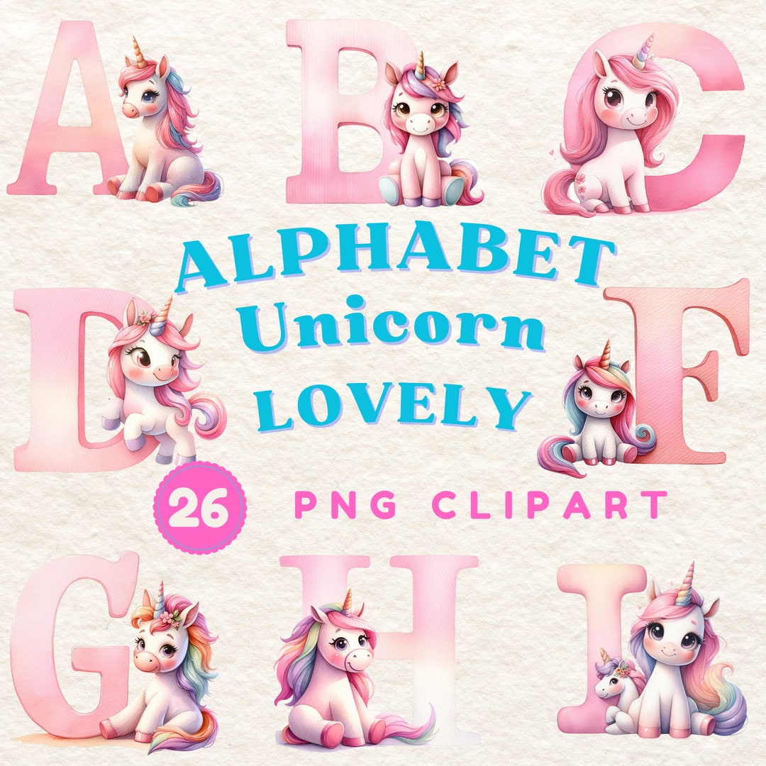 Watercolor Unicorn Alphabet Letters Clipart PNG Set Pink Alphabet ...