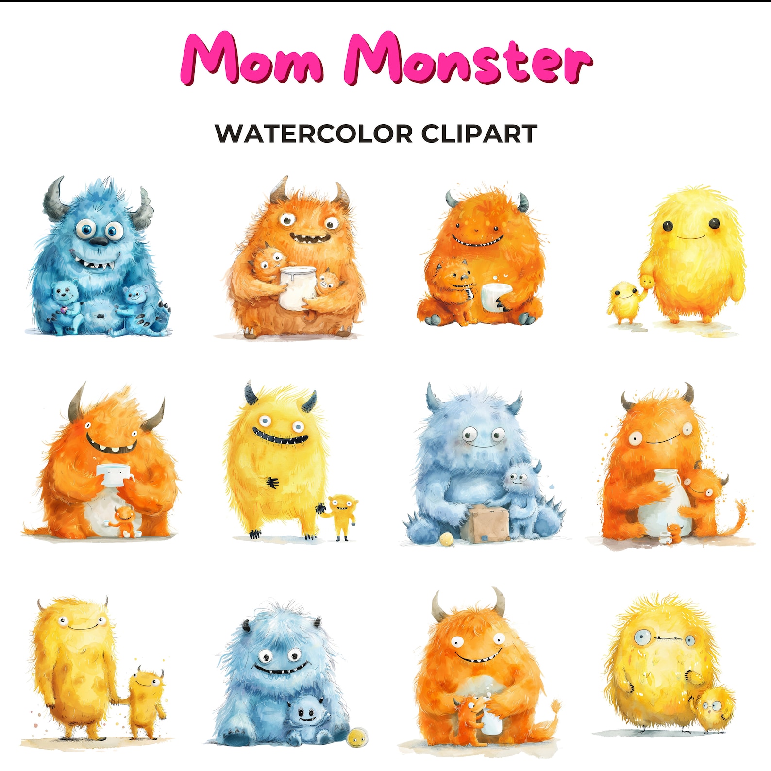 Cute Monster Funny Monster | Mom Momster Clipart | 24 PNG 300 DPI ...