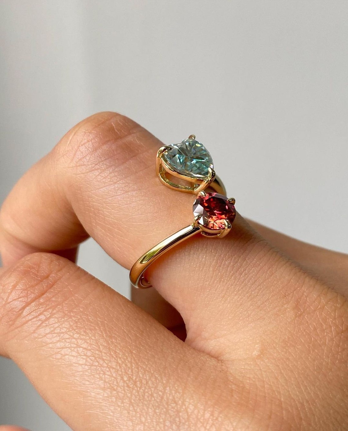 Two Stone Heart Cut Light Blue and Round Cut Red Moissanite Ring for ...