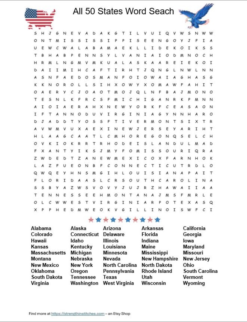 One (1) Ultimate USA Word Search Puzzle - All 50 States - Unique - PDF ...