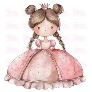 15 Pretty Princess Clipart in Pink Dress, Watercolor Style, Neutral ...