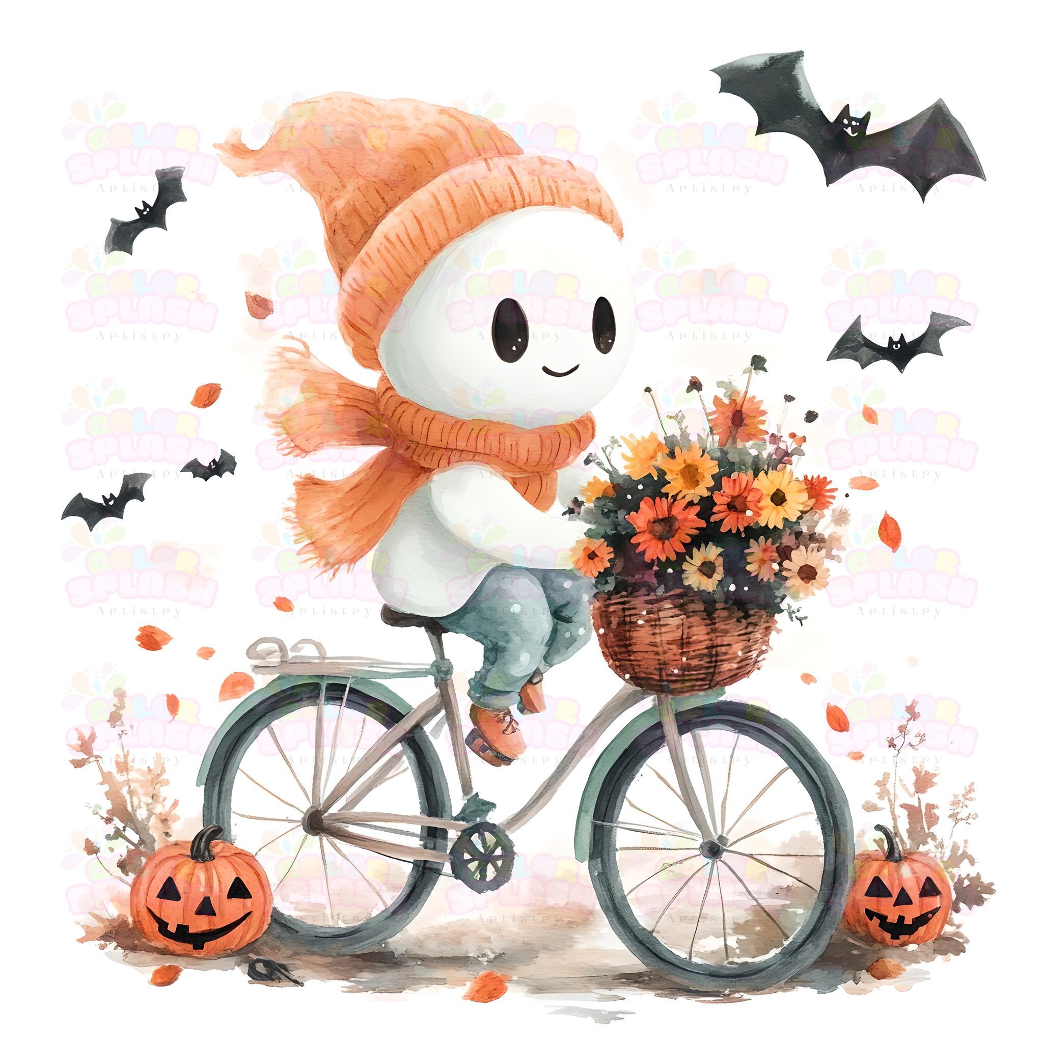 16 Cute Ghost Riding Bicycle With Bright Flowers | Orange Knitted Hat ...