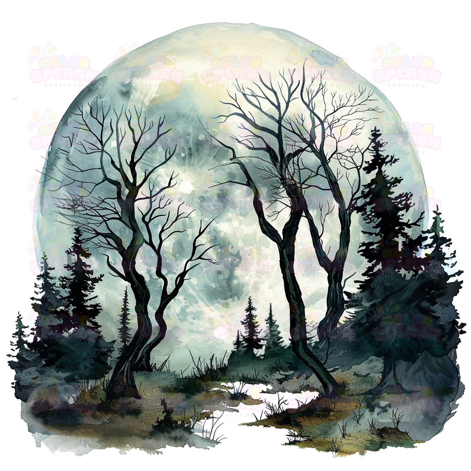14 Haunted Forest Watercolor Art, Eerie Trees, Ghostly Figures, Spooky ...