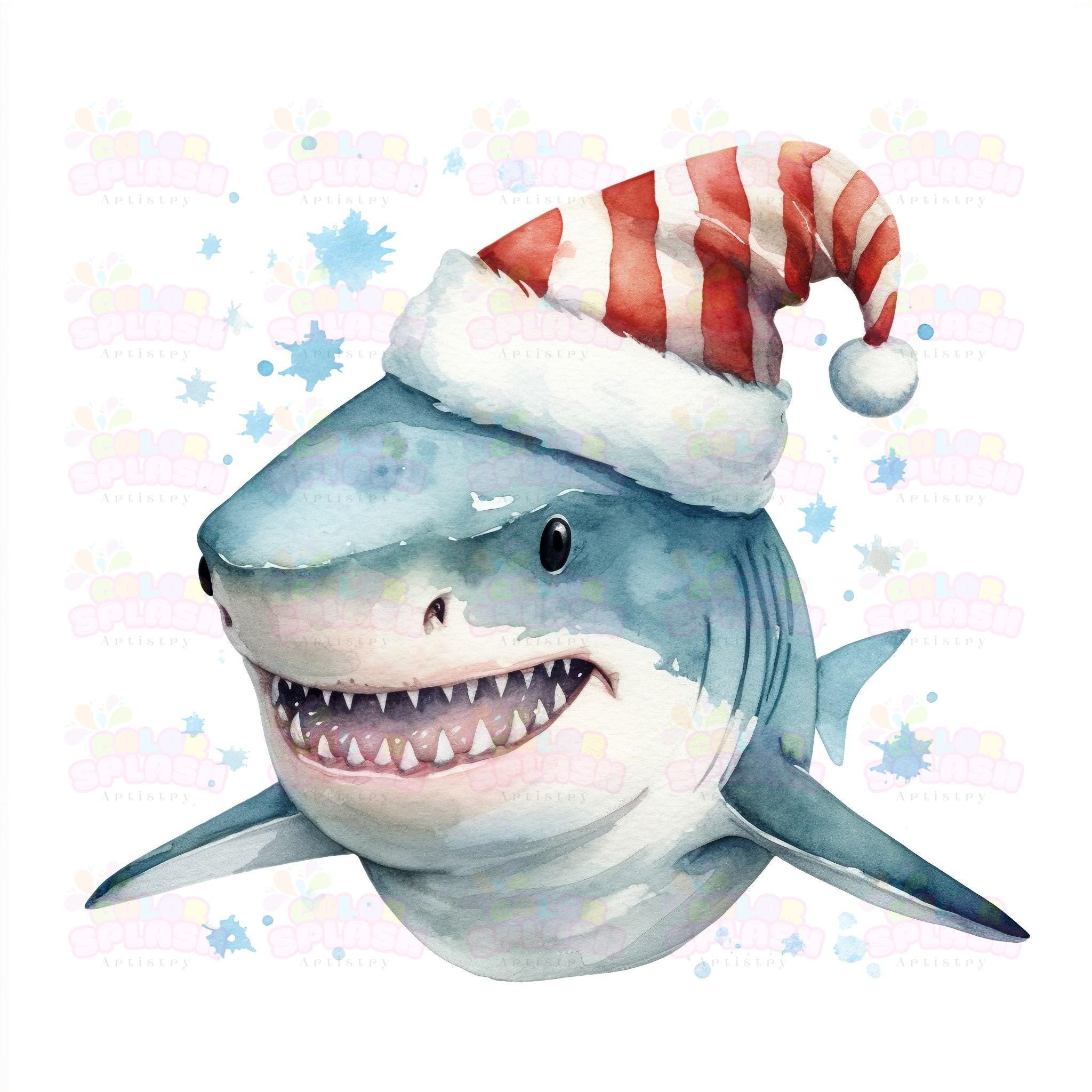 11 Adorable Christmas Shark Art | Watercolor Shark Wearing Santa Hat ...