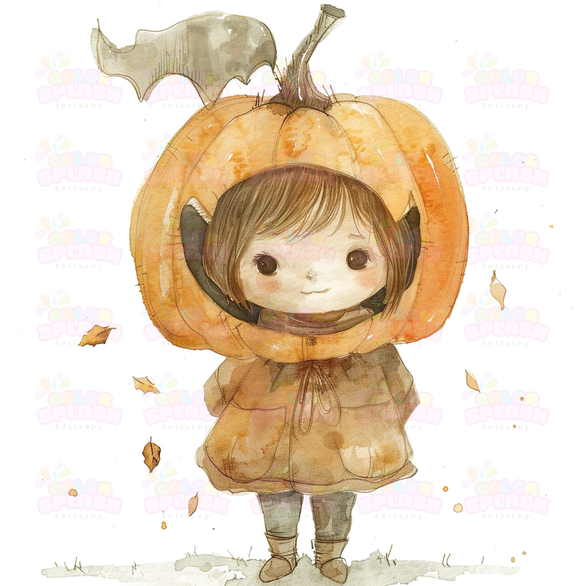 14 Cute Pumpkin Clipart, Watercolor Child Dressed as Pumpkin, Halloween ...