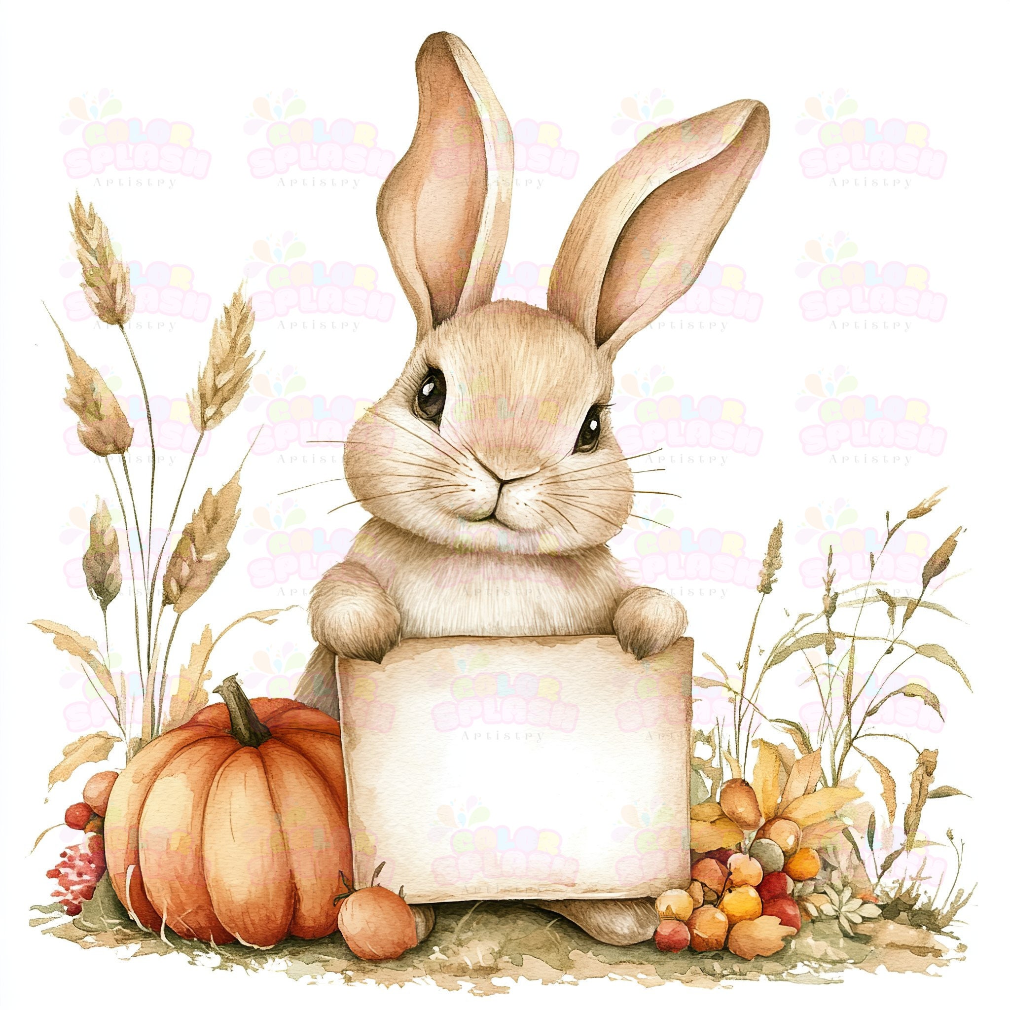 12 Watercolor Bunny Clipart With Harvest-themed Sign, Fall Decor ...
