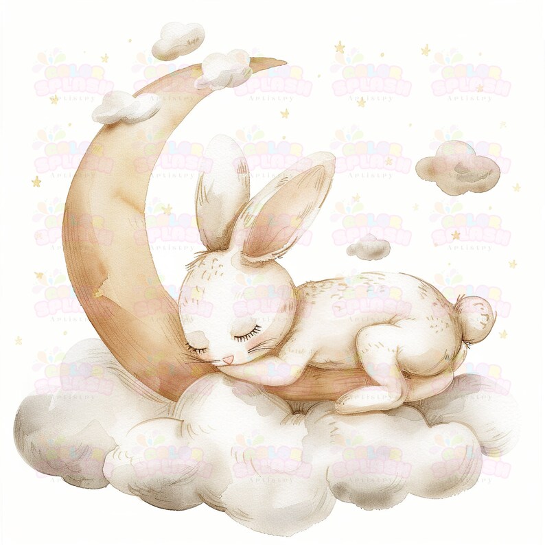 15 Cute Baby Animals Sleeping on Cloud With Crescent Moon, Watercolor ...