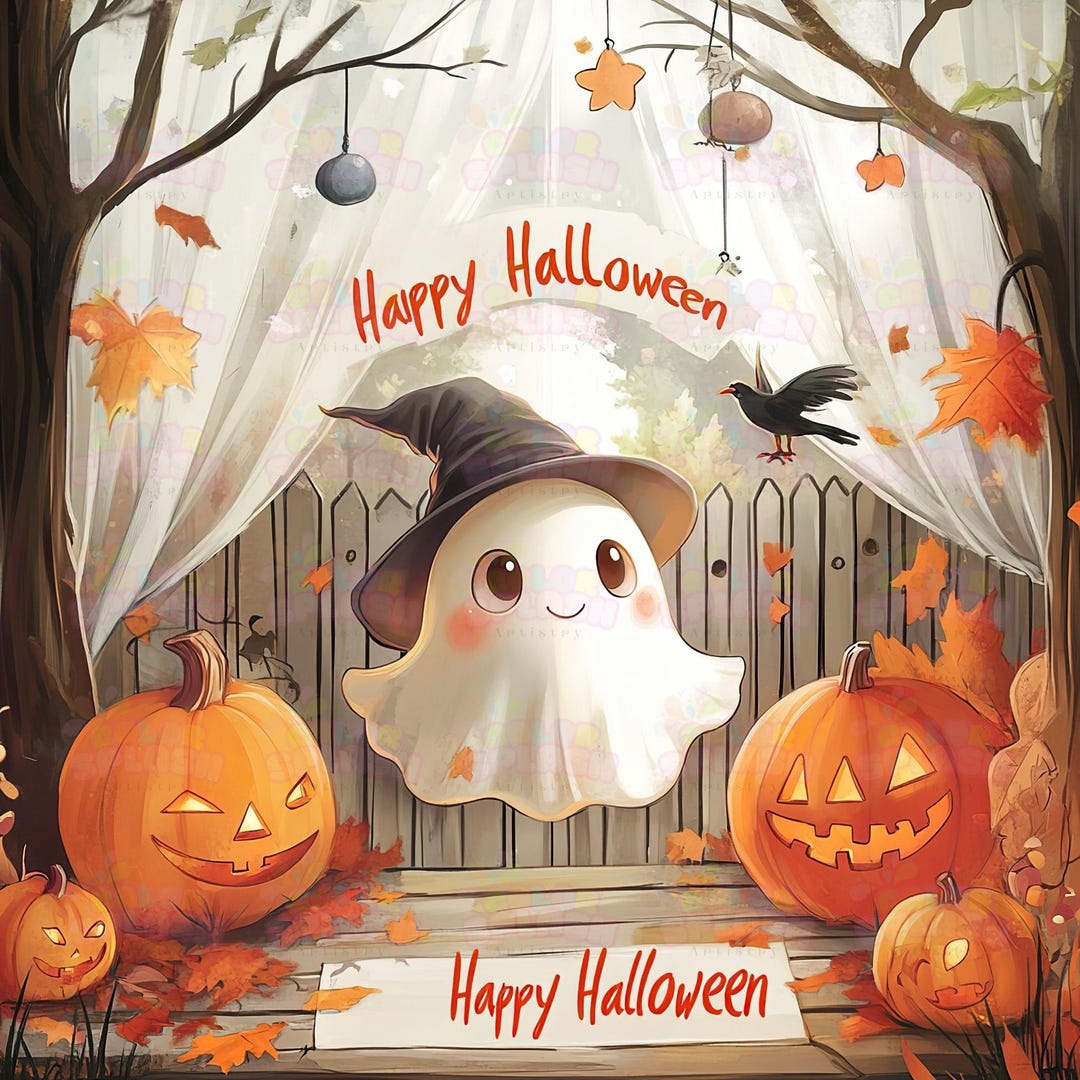 10 Cute Watercolor Ghost Wearing Witch Hat With Pumpkins and Crows ...