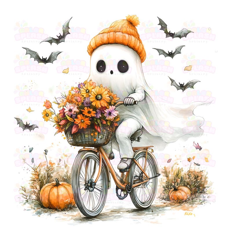 16 Cute Ghost Riding Bicycle With Bright Flowers | Orange Knitted Hat ...