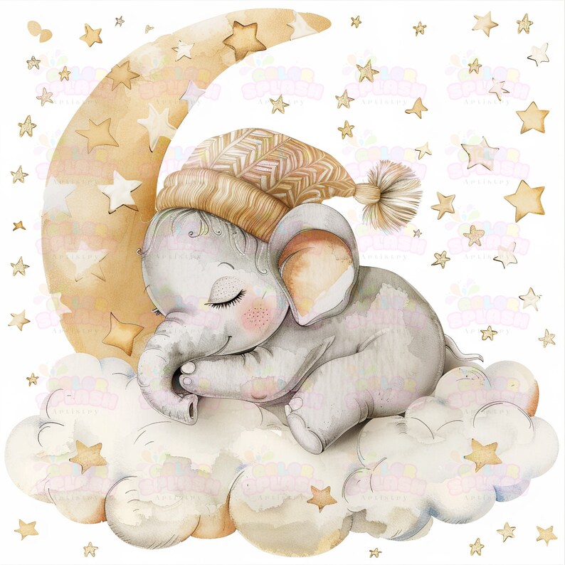 15 Cute Baby Animals Sleeping on Cloud With Crescent Moon, Watercolor ...
