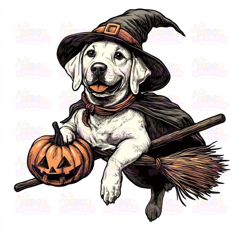 10 Cute White Labrador Dog as Halloween Witch on Broom | Spooky Clipart ...