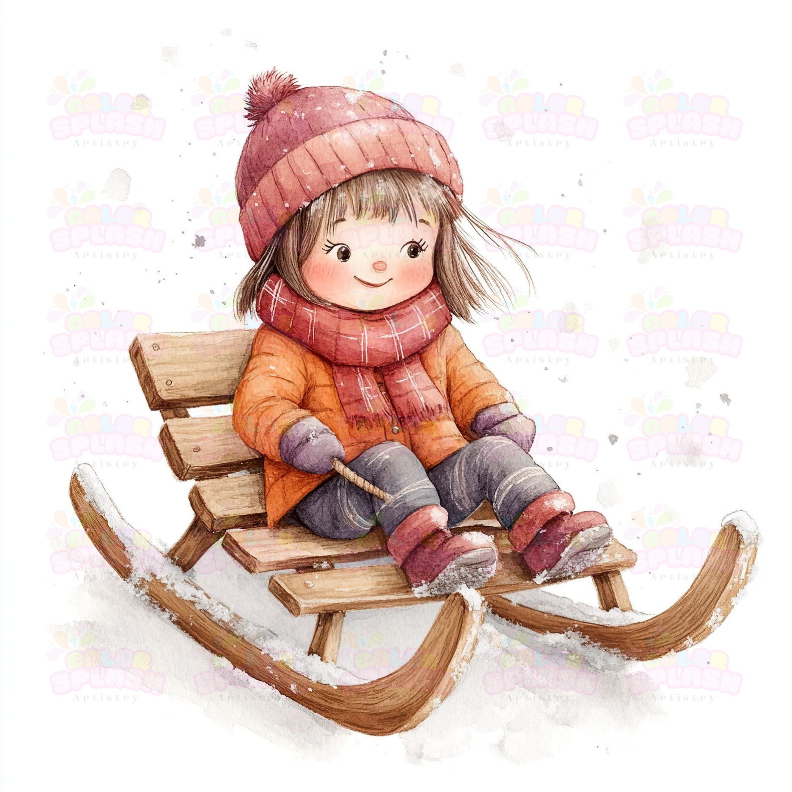 14 Cute Winter Girl on Wooden Sled Watercolor Illustration, Full Body ...