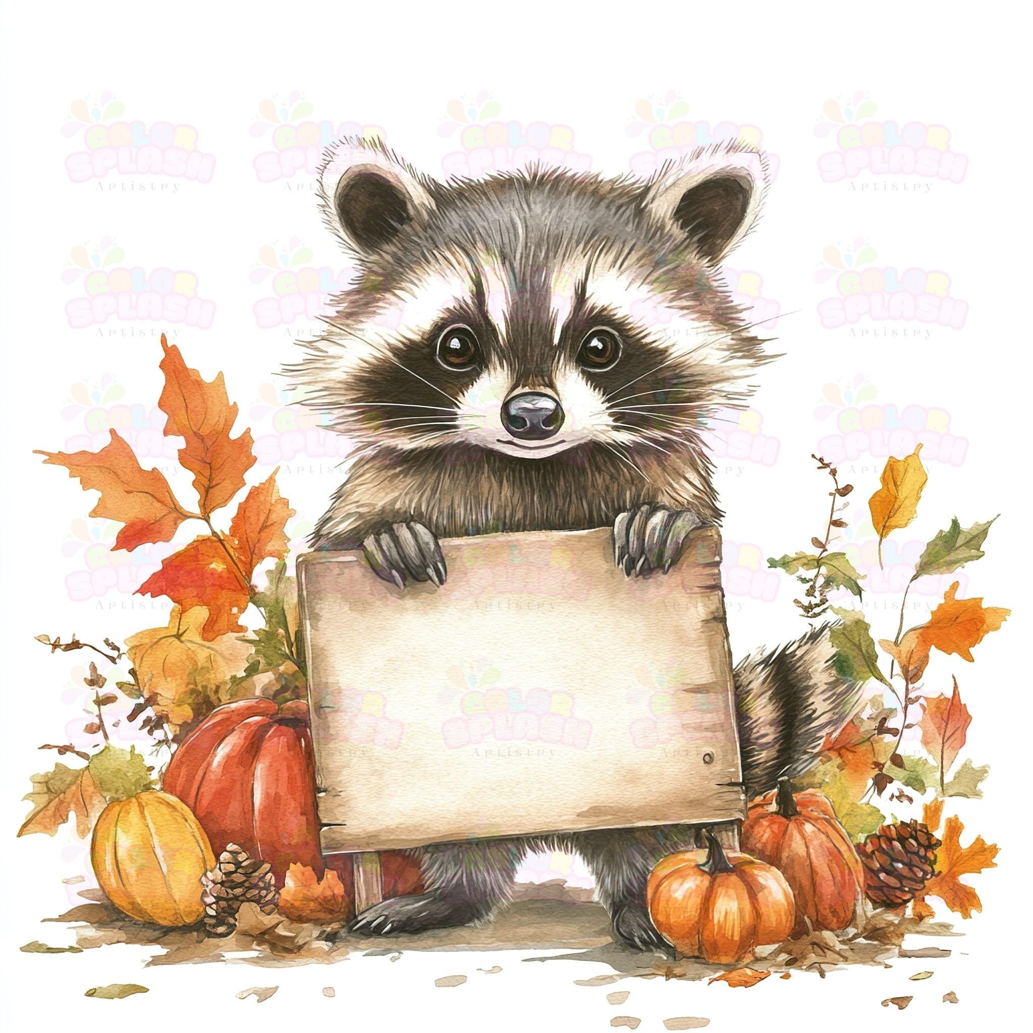 13 Cute Raccoon With Autumn Harvest Sign - Fall Woodland Animal Art ...