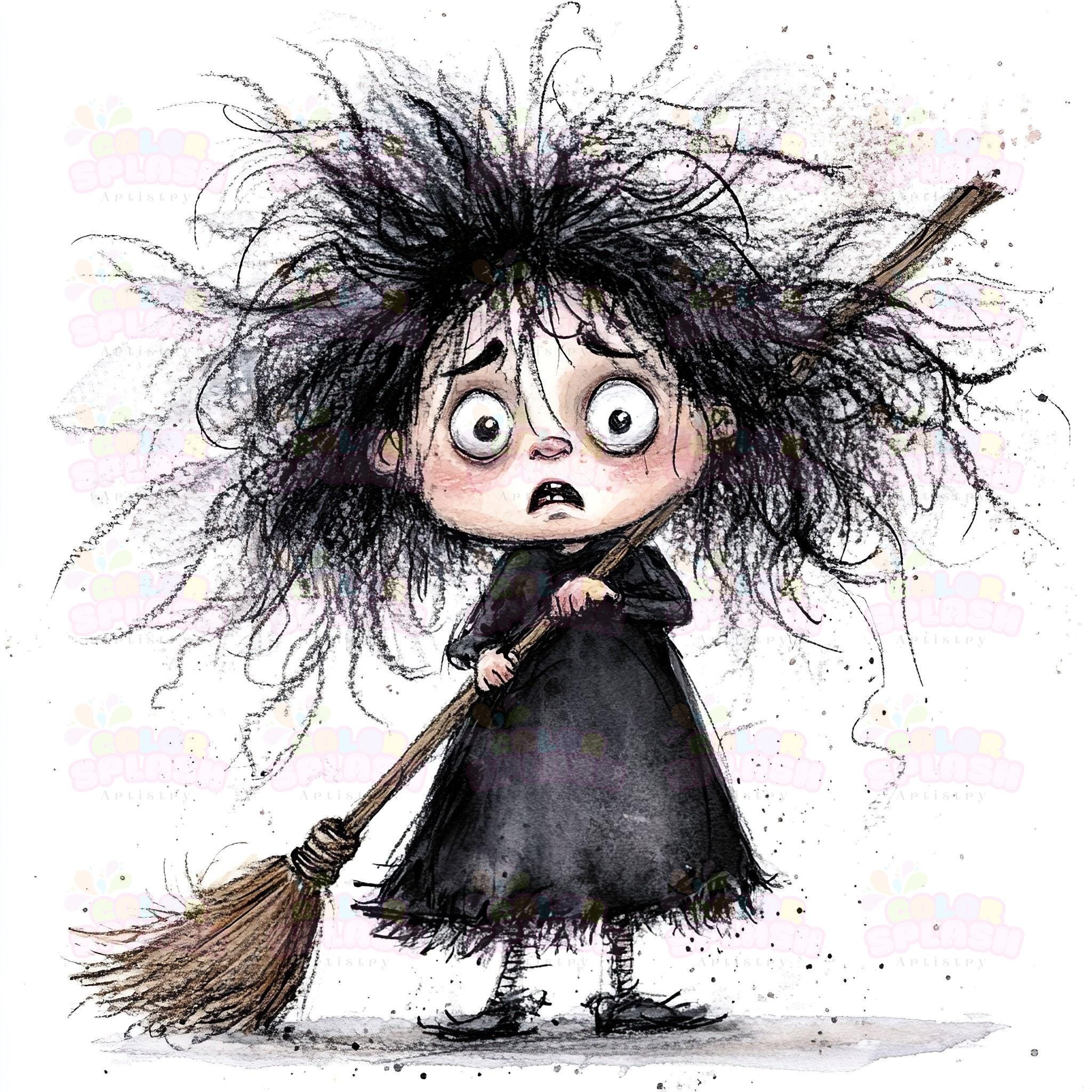 16 Cute Frazzled Witch Watercolor Illustration Humorous Art With Crazy ...