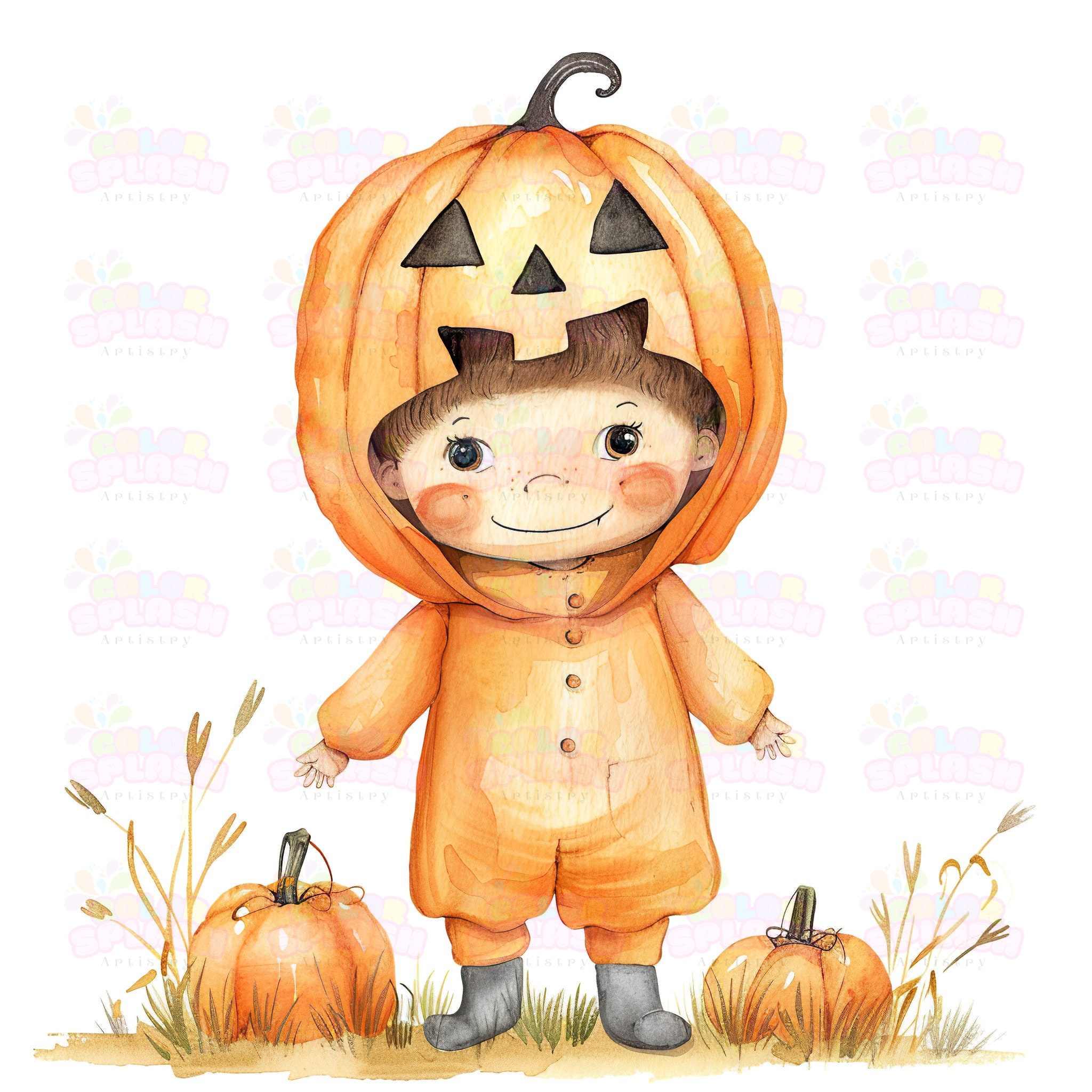 14 Cute Pumpkin Clipart, Watercolor Child Dressed as Pumpkin, Halloween ...