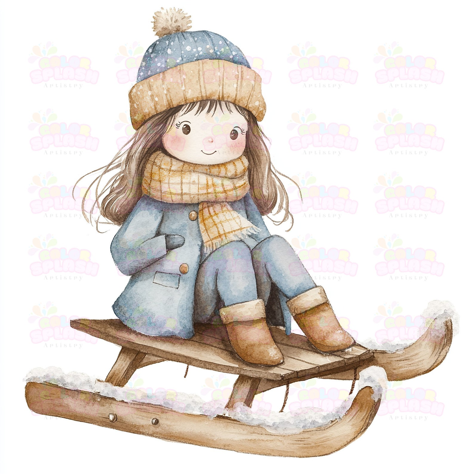 14 Cute Winter Girl on Wooden Sled Watercolor Illustration, Full Body ...