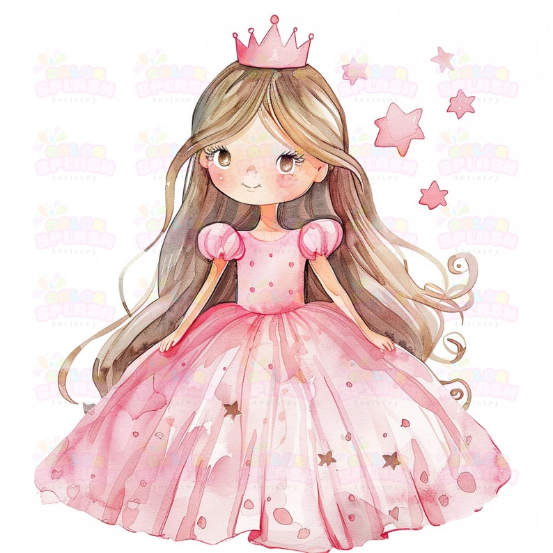 15 Pretty Princess Clipart in Pink Dress, Watercolor Style, Neutral ...