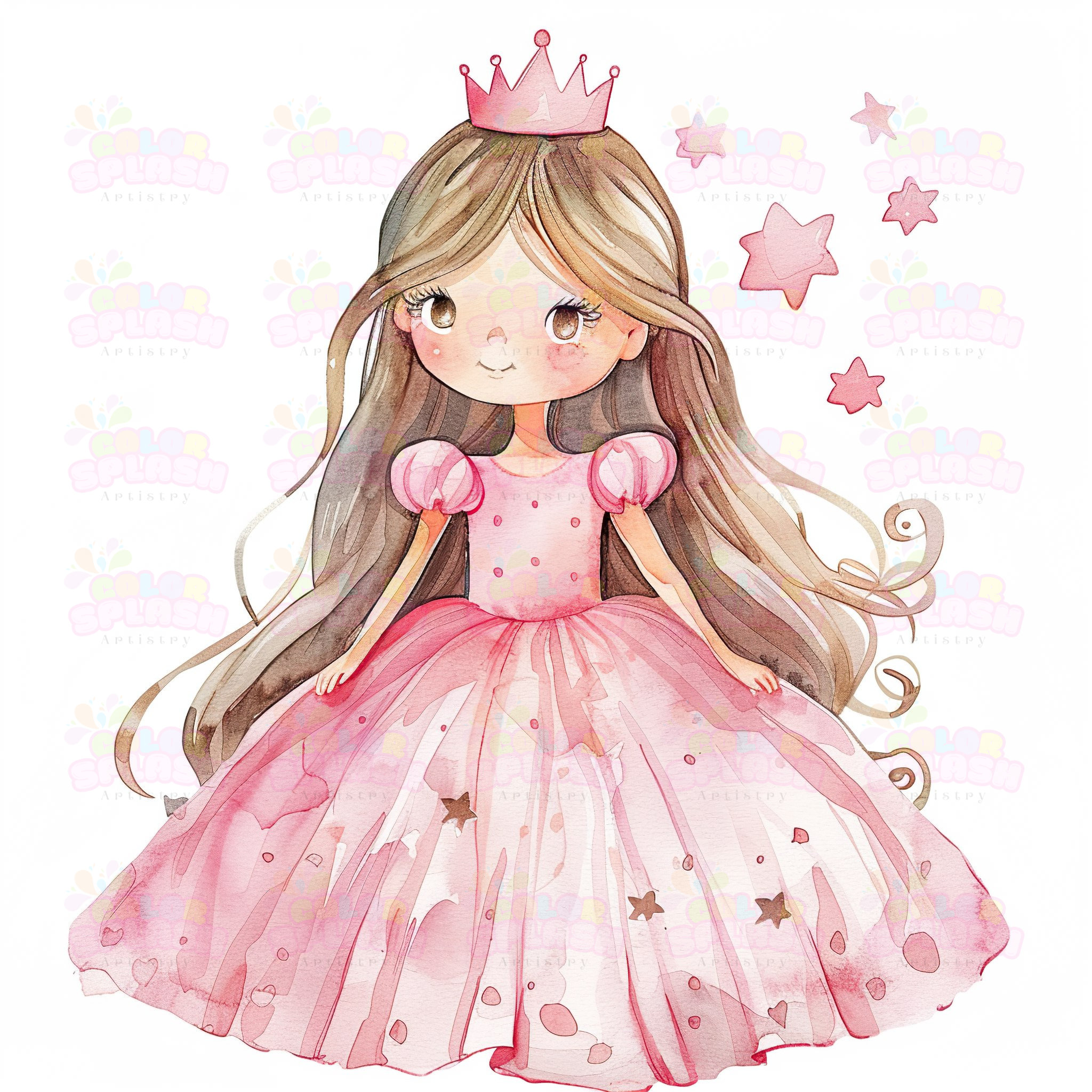 15 Pretty Princess Clipart in Pink Dress, Watercolor Style, Neutral ...