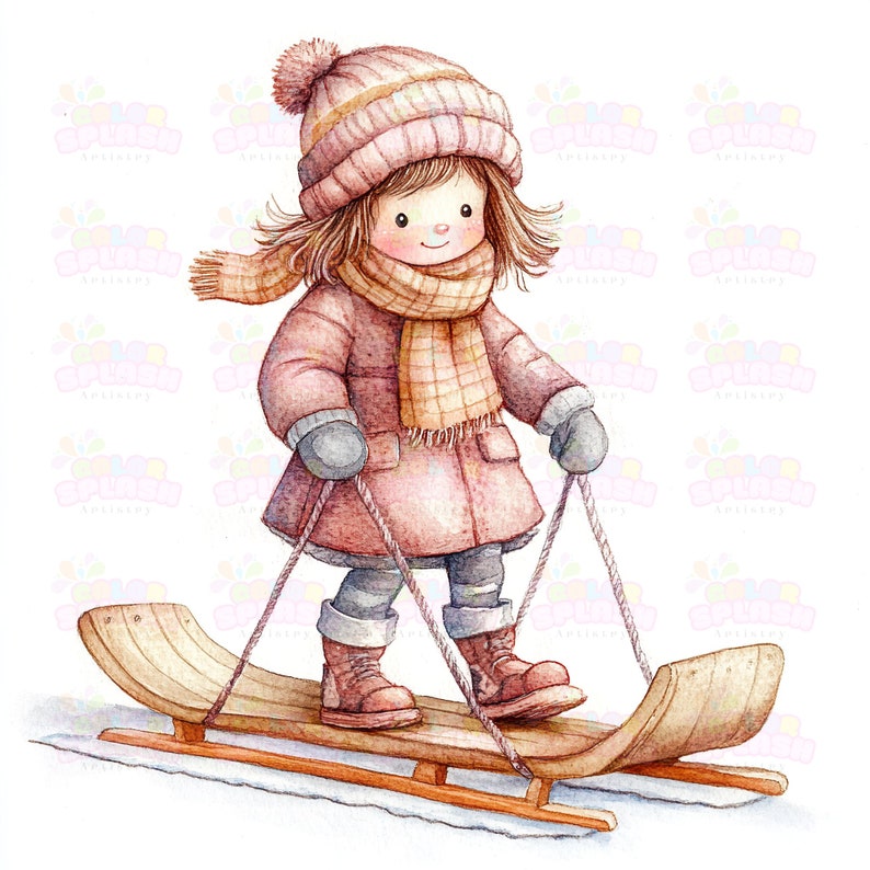 14 Cute Winter Girl on Wooden Sled Watercolor Illustration, Full Body ...