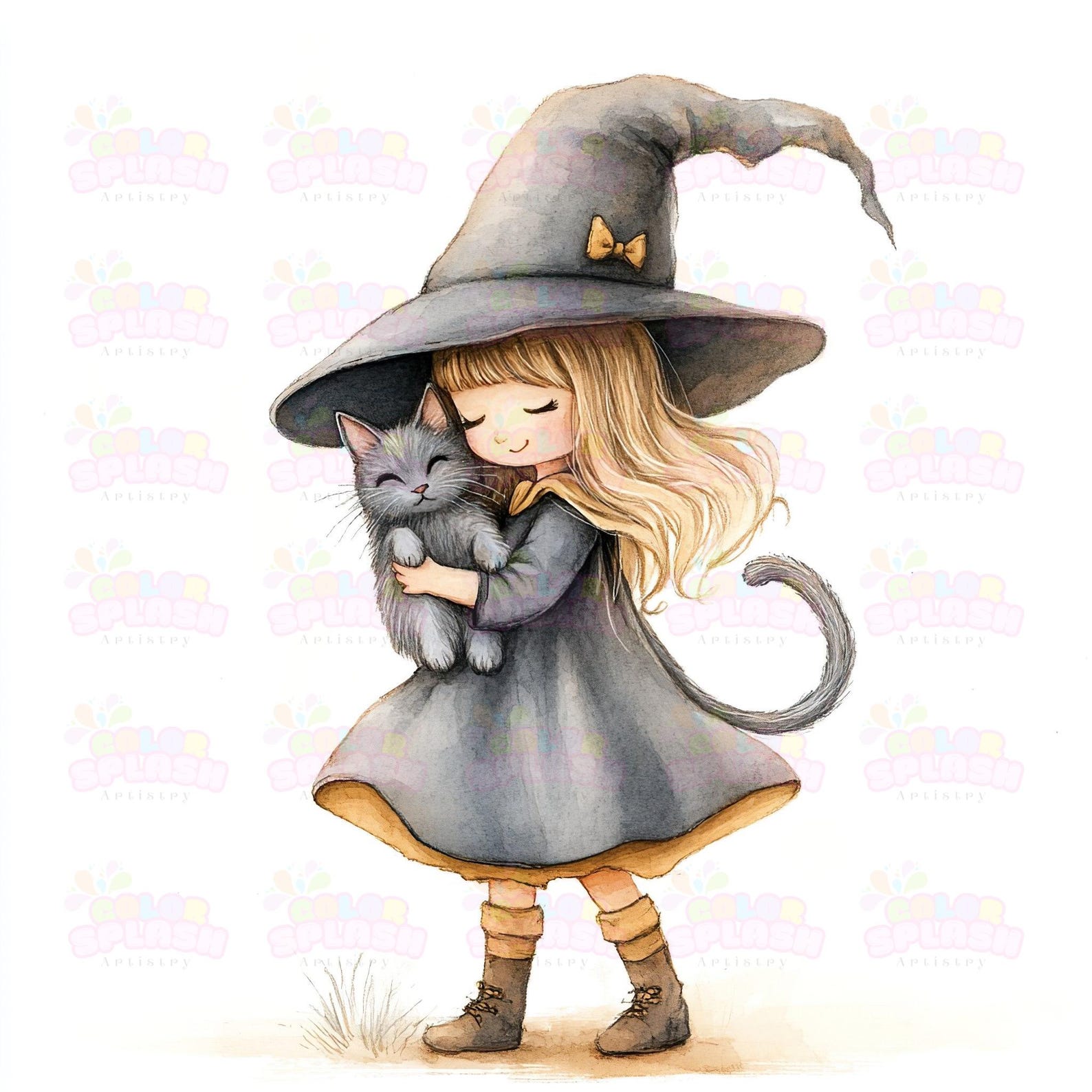 16 Cute Wizard Girl With Pointed Hat and Grey Kitty Cat - Pastel ...