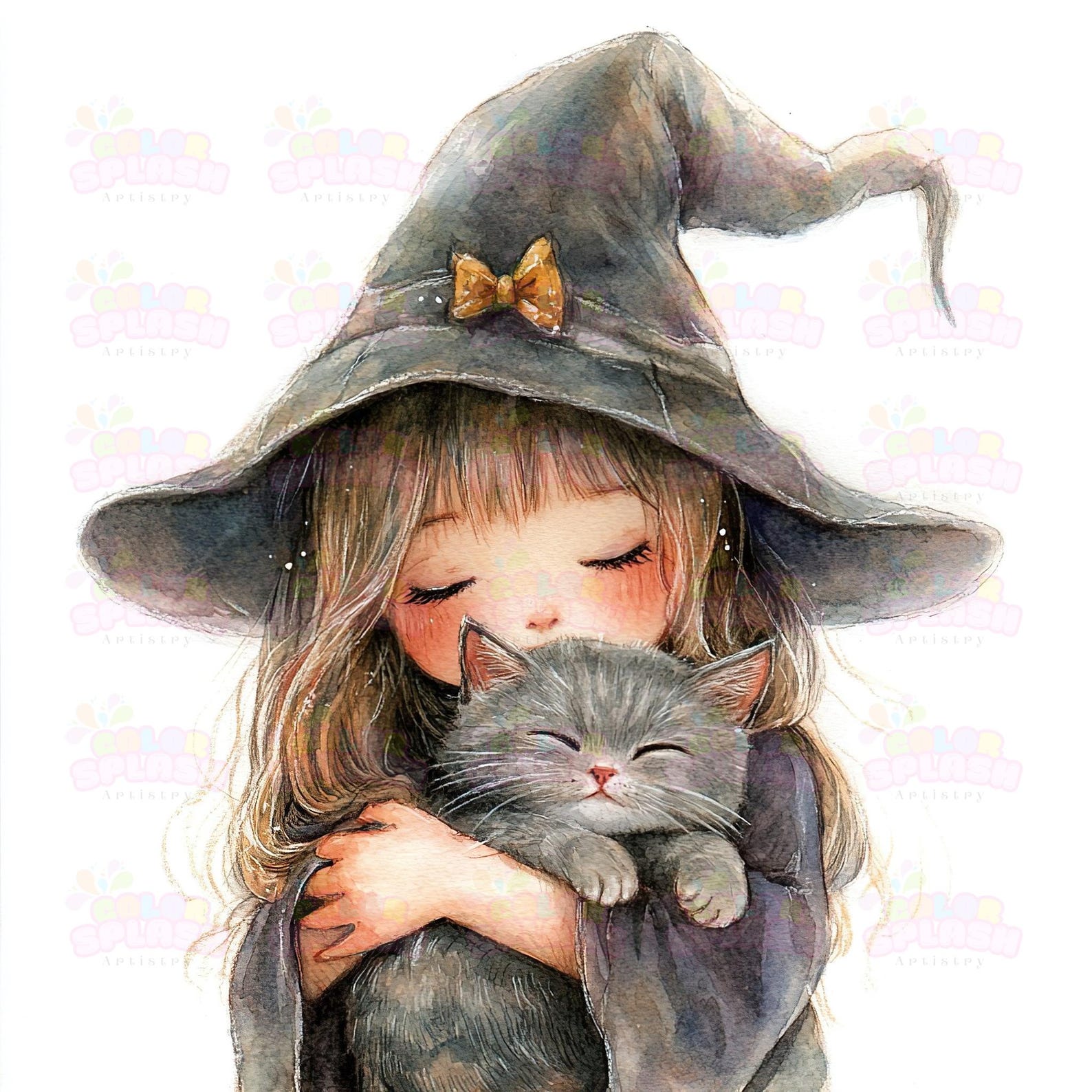 16 Cute Wizard Girl With Pointed Hat and Grey Kitty Cat - Pastel ...
