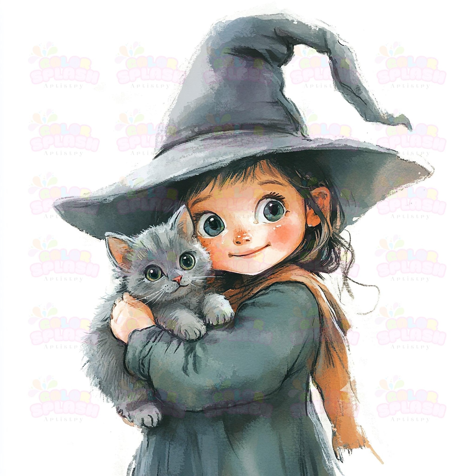 16 Cute Wizard Girl With Pointed Hat and Grey Kitty Cat - Pastel ...