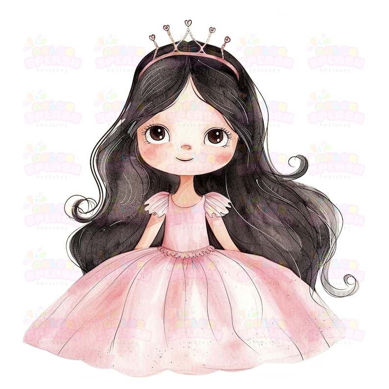 15 Pretty Princess Clipart in Pink Dress, Watercolor Style, Neutral ...