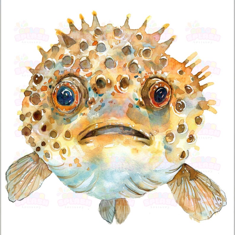 13 Adorable Watercolor Puffer Fish Clipart | Cute Pastel Sea Life ...