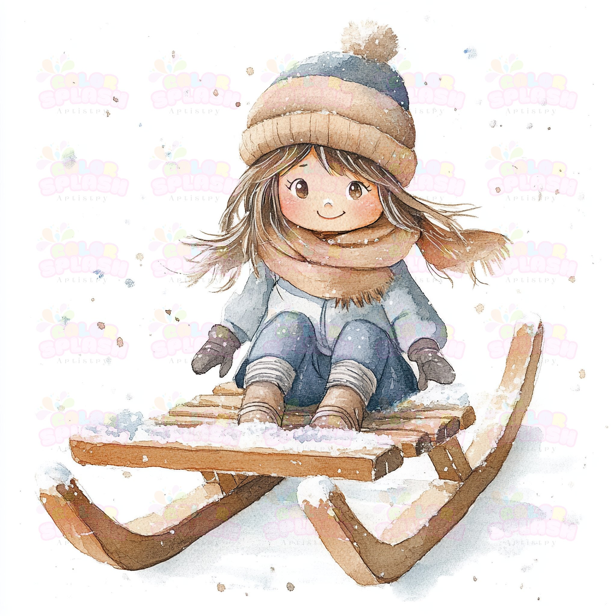 14 Cute Winter Girl on Wooden Sled Watercolor Illustration, Full Body ...