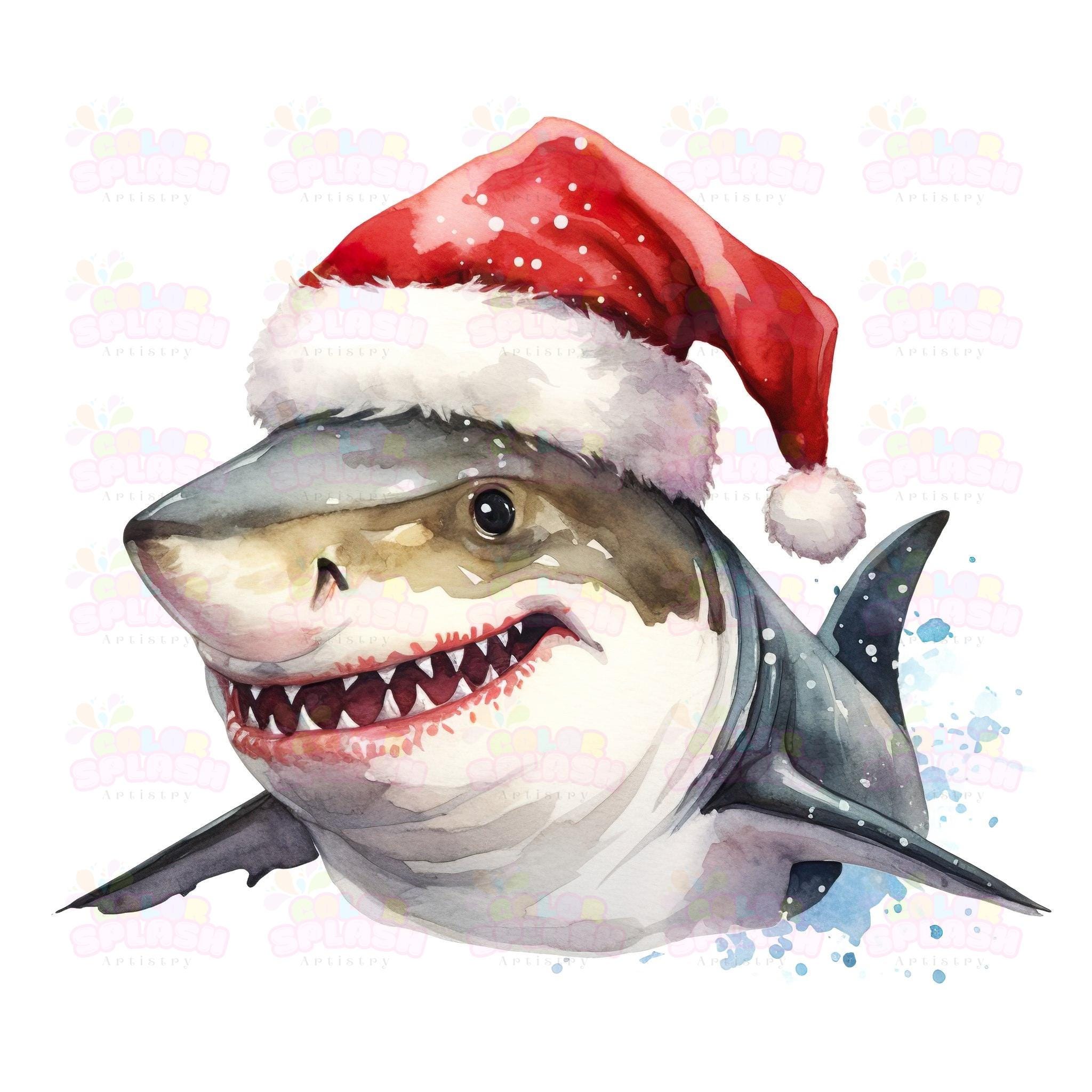11 Adorable Christmas Shark Art | Watercolor Shark Wearing Santa Hat ...