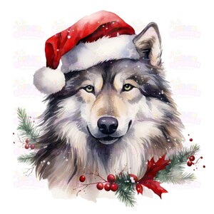 11 Cute Watercolor Christmas Wolf Wearing Santa Hat | Festive Wolf ...